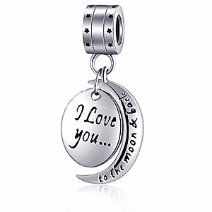 “I Love You To the Moon and Back” for Mom Women, 925 Sterling Silver Dangle Charm Fit Pandora Bracelets Charms, Necklace, Chain