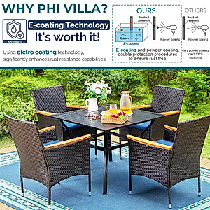 PHI VILLA 6 pcs Patio Dining Set with Umbrella(Navy Blue),1 Square Metal Table, 4 Outdoor All Weather PE Rattan Chairs & 1 10ft 3 Tier Auto-tilt Umbrella (Base Not Included)