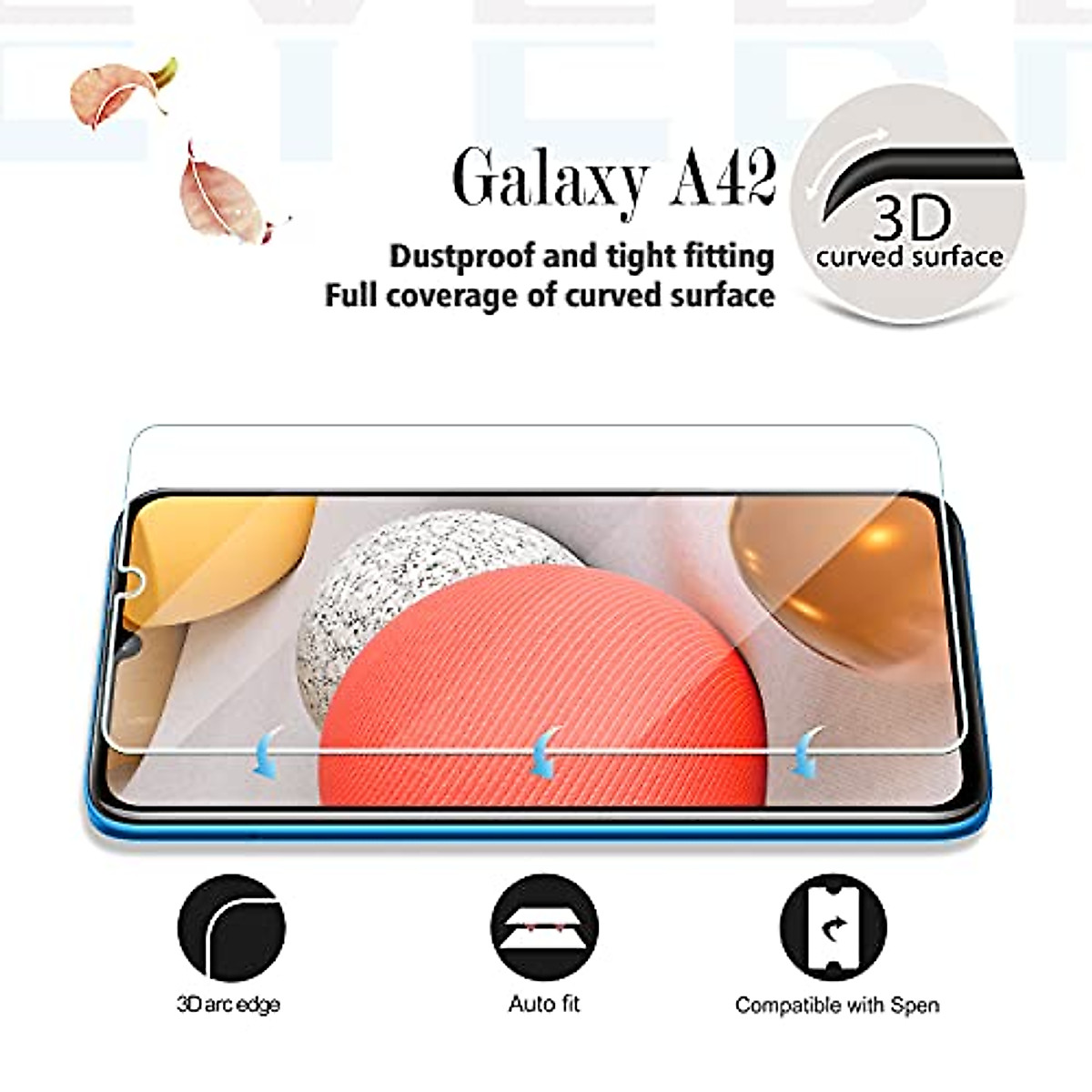 Galaxy A42 HD Clear Tempered Glass Screen Protector + Camera Lens Protectors by YEYEBF, [2+2 Pack] [3D Glass] [Bubble-Free] [Anti-Glare] Screen Protector Glass for Samsung Galaxy A42