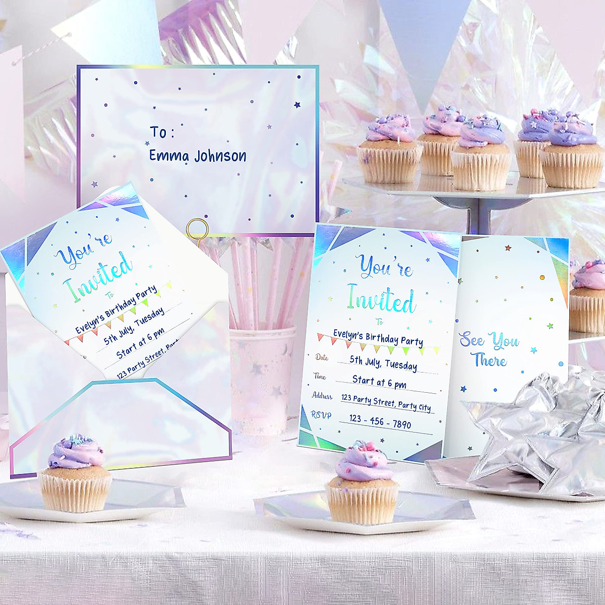 Cheerland 12 Set Iridescent Invitation Card Holographic Invites Birthday Party Wedding Bridal Shower Graduation Sweet 16 Bridal Shower Bachelorette Party Supplies