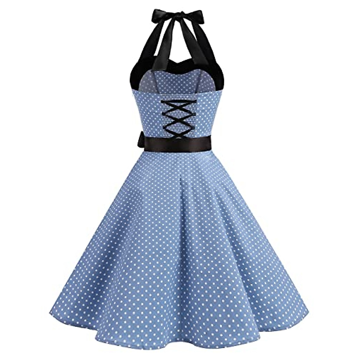 DRESSTELLS Women Vintage 1950s Cocktail Polka Dot Dress, 50s 60s Retro Pinup Formal Wedding Party Halter Rockabilly Swing Dress Blue Small White Dot S