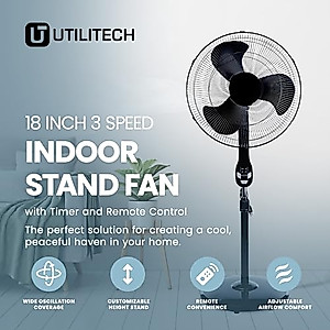 Utilitech 18-in 3-Speed Indoor Stand Fan With Timer and Remote Control