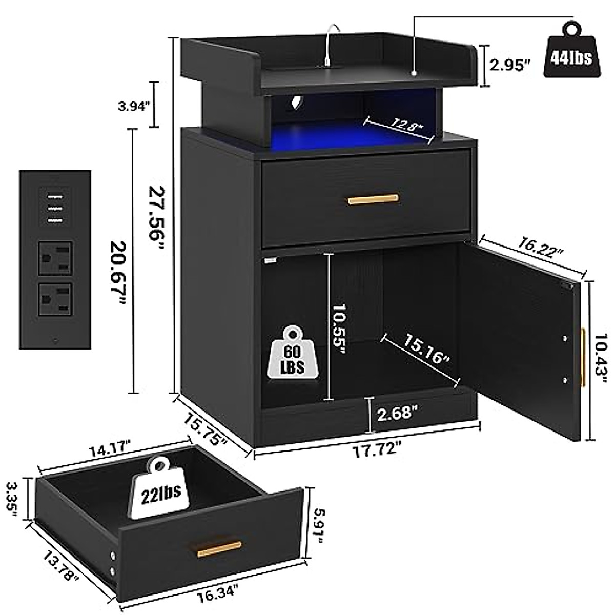 Tcpuolr Nightstand with Charging Station & Cabinet Storage, Led Night Stand with Drawer & Open Shelf, Bedside Table with Top Baffle, End Table for Bedroom, Living Room, Black