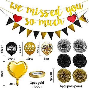Pimvimcim Home Decorations, 36Pcs We Missed You So Much Banner Balloon Paper Pom Poms Kit, Black Gold Pimvimcim Back Theme Sign Party Supplies, Homecoming Party Decor