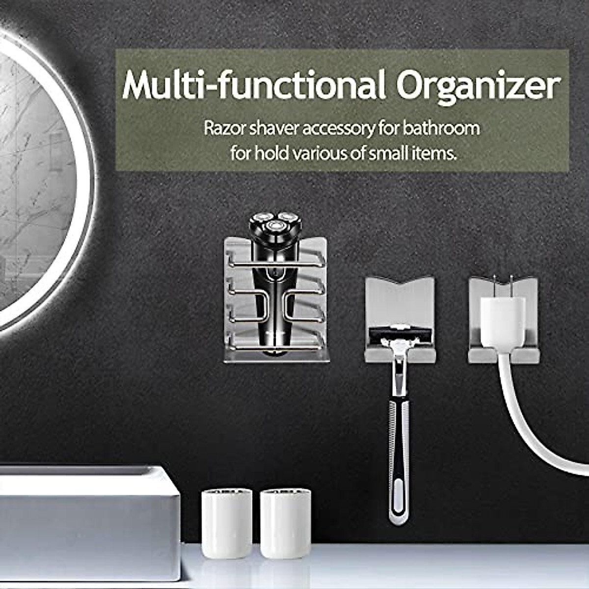 Electric Razor Holder Wall Mounted,Toothbrush Holder,with Shaver Hook Hanger 2 Pack,Stainless Steel Self Adhesive Shower Storage Razor Shelves and Hooks,Razor Shaver Accessory Organizer for Bathroom