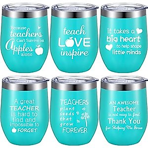 Patelai 6 Pcs Thank You Teacher Gift Teacher Appreciation Christmas Coffee Mug Back to School Gift for Women Men Preschool Elementary Teacher 12oz Wine Tumbler Lids Straws(Simple Mint)