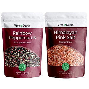 Viva Doria Rainbow Peppercorn Blend (Steam Sterilized Whole Black, White, Green and Pink Peppercorn) 12 oz and Himalayan Pink Salt (Coarse Grain) 2 lbs for Grinder Refills (Pepper+Salt)