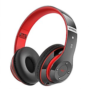 Bluetooth Headphones Over Ear, 6S Foldable Wireless Headphones with 6 EQ Modes, 40 Hours Playtime HiFi Stereo Headset with Mic, Soft Ear Pads, TF/FM for Cellphone/PC/Home (Black & Red)