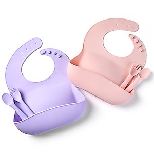Cibeat Set of 2 Silicone Baby Bibs for Babies & Toddlers, Soft Bibs with Food Catcher Pocket and Spoon Fork