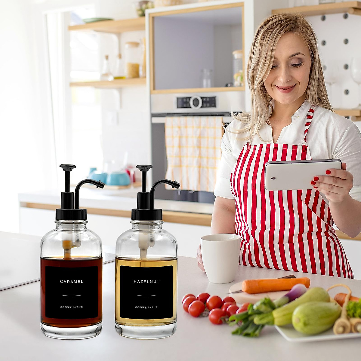 MFBJXC 2-Pack Coffee Syrup Dispenser for Coffee Bar, 16.9 oz 500 ml Glass Syrup Bottle with 36 Labels, Syrup Pump Dispenser for Coffee Bar(Black pump)