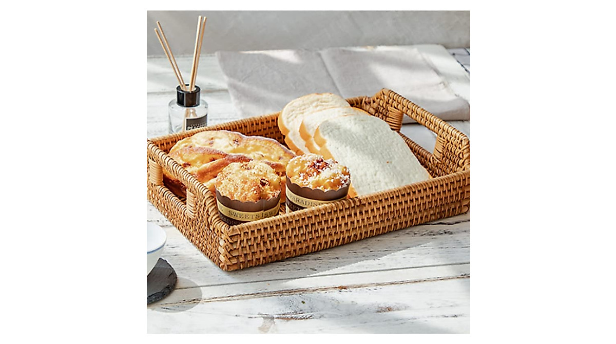 Hand-Woven Rattan Serving Tray with Handles for Breakfast, Drinks, Snack for Dining/Coffee Table ...