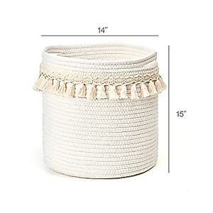 Mkono Macrame Decorative Cotton Rope Basket Boho Nursery Decor Cute Woven Tassel Closet Storage Bins Organizer for Baby Toys,Diaper, Blankets,Magazine,Potted Plants Cover,Living Room,Bedroom, 15"x14"