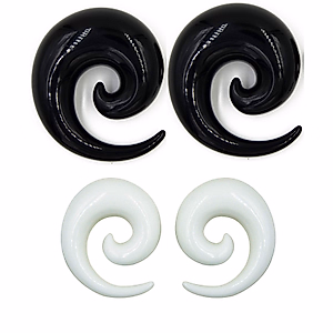 Zaya Body Jewelry 2 Pairs Black White Ear Tapers Spirals Horseshoes Gauges 24mm 22mm 20mm 18mm 16mm 14mm 12mm 10mm (9/16"(14mm))