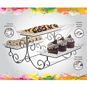 Godinger Silver Art Dublin 3 Tiered Glass Buffet Serving Tray - Chrome Plated Platter Stand with Starburst Design - Party and Event Dessert and Food Display Server