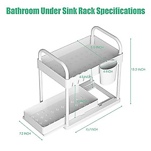2 PACK Under Kitchen Sink Organizers and Storage, 2 Tier Under Sink Organizer for Bathroom Cabinet, Undersink Organizer Sliding Drawer with Hooks, Hanging Cup for Narrow Space By SMATHOM, White