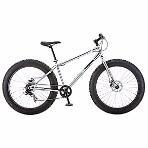 Mongoose Malus Mens and Womens Fat Tire Mountain Bike, 26-Inch Bicycle Wheels, 4-Inch Wide Knobby Tires, Steel Frame, 7 Speed Drivetrain Bicycle, Shimano Rear Derailleur, Disc Brakes, Silver/Black