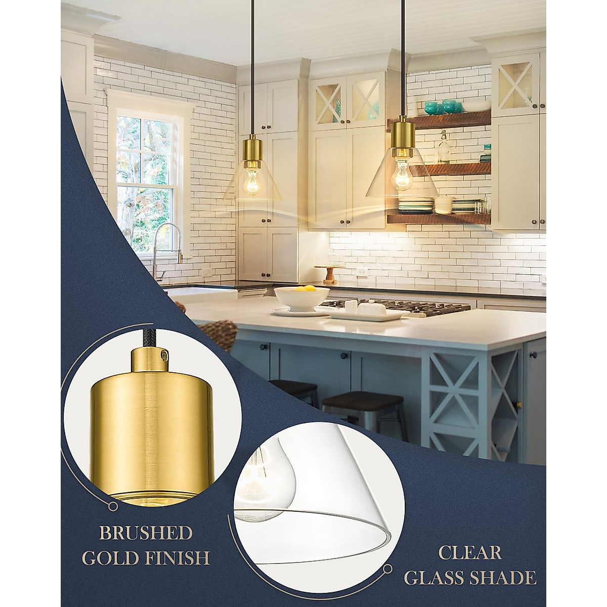 LMS 1-Light Gold Glass Pendant Light, Modern Kitchen Pendant Hanging Light with Clear Glass Shade in Gold Finish, LMS-103