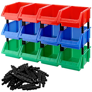 HOIGON 12 Pack Garage Storage Tool Bin, 7.09 x 4.72 x 3.15 Inch Plastic Hanging Stacking Stackable Organizer Storage Rack for Hardware Tools Organization, Workshop, Small Parts, Green Blue Red
