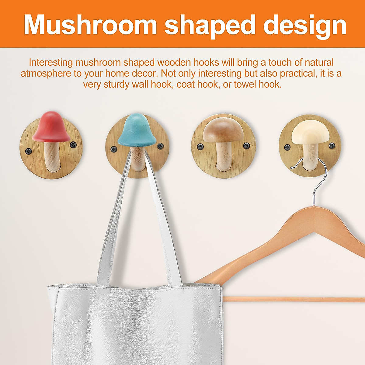 UKQRRTC 4Pcs Mushroom Wall Hooks Wood Wall Hanging Hooks Wall Mounted Towel Hooks Decorative Coat Hooks for Home Bathroom Cloakroom