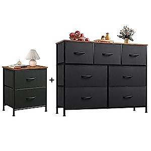 WLIVE 2-Drawer Nightstand and 7-Drawer Dresser Set, Fabric Storage Tower for Bedroom, Hallway, Nursery, Closets, Tall Chest Organizer Unit with Textured Print Fabric Bins, Steel Frame