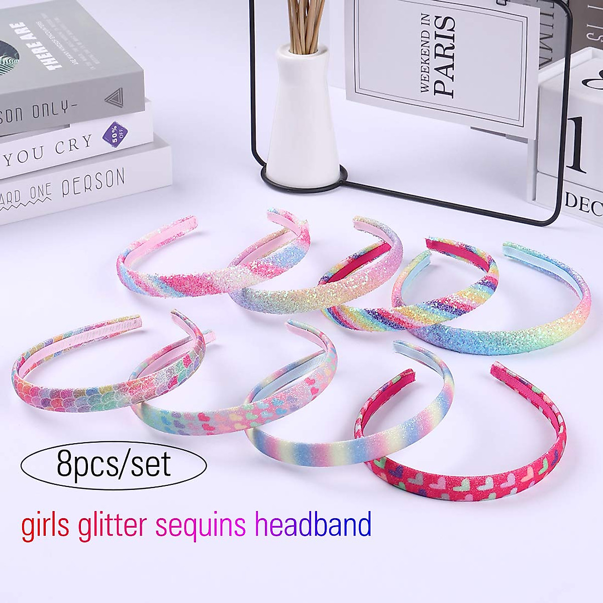 WANYU Rainbow Headbands 8 Pcs Sweet Hairband Children Head Bands For Girls Sequin Printed Heart Mermaid Headband Kids Hair Piece