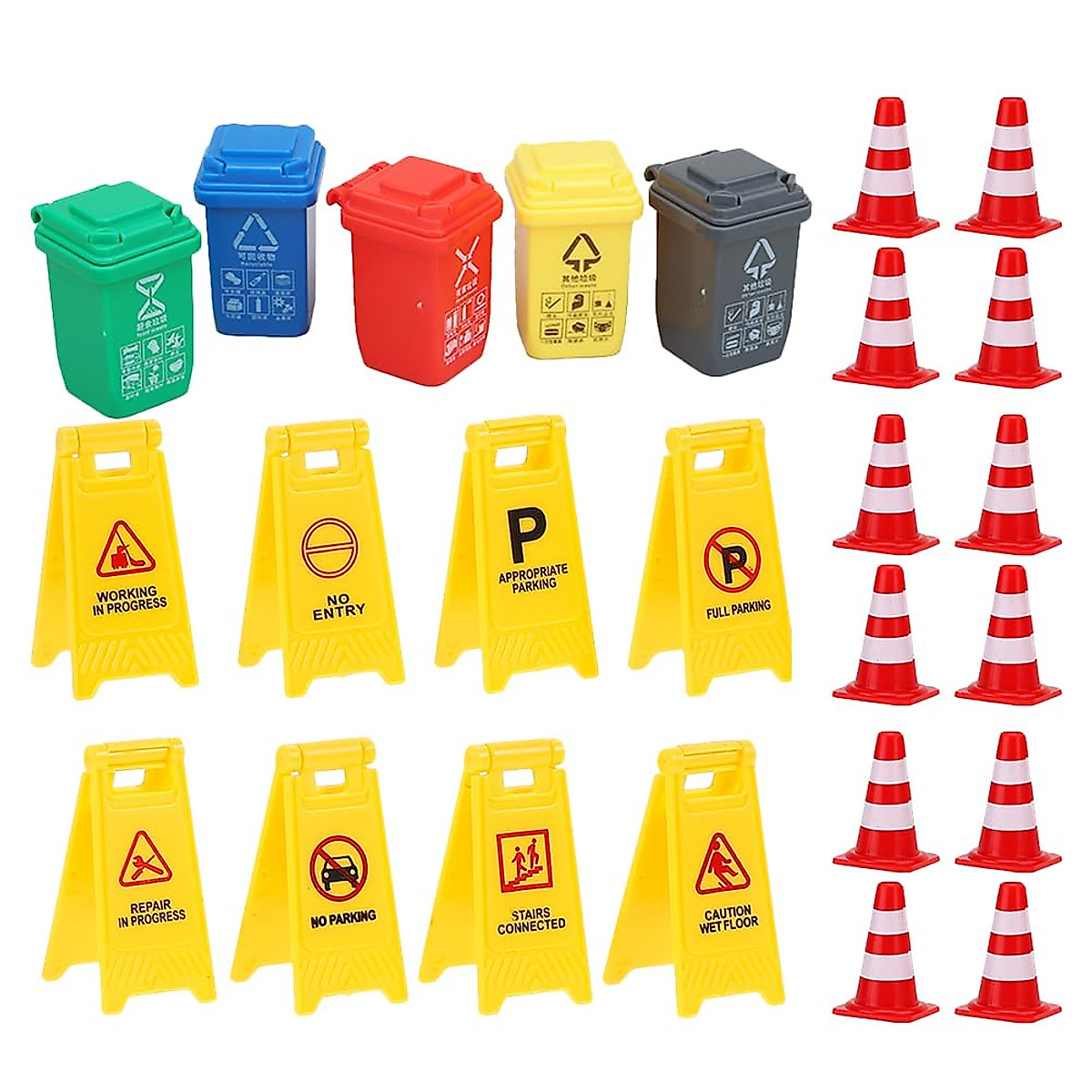 NUOBESTY Mini Traffic Signs Set, Plastic Street Signs Playset Traffic Cones Yellow Warning Sign Garbage Can Toy Safety Education Toy for Kids 25pcs