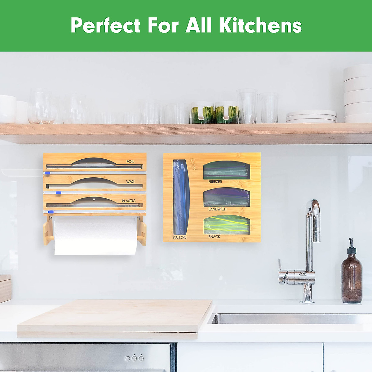 Foil and Plastic Wrap Organizer - Zip Lock Bag Organizer Plastic Wrap Dispenser with Cutter – Premium Bamboo Plastic Bag Organizer with Paper Towel Holder – Easy Installation