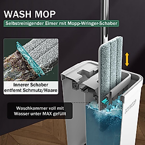 JOYMOOP Mop and Bucket with Wringer Set, Flat Floor Mop and Bucket, Mop for Floor Cleaning with 5 Microfiber Pads, Wet and Dry Use, Household Cleaning Tools, for Hardwood, Laminate, Tile