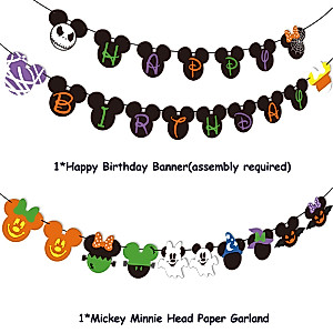 92 Pcs Mickey Minnie Halloween Birthday Party Kit Mickey Happy Birthday Banner Cake Topper Cupcake Toppers Balloon Arch for Mickey Minnie Theme Halloween Birthday Party Decorations
