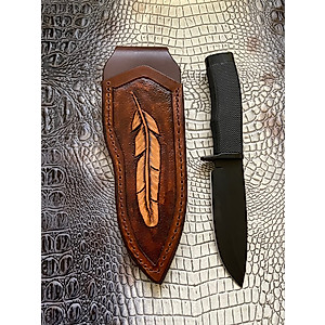 by Carl Thomas Jr. Leather Knife Sheath for Buck 692 Vanguard or Zipper. Tooled W/feather &Dyed Brown
