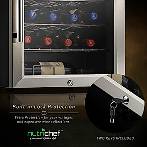 NutriChef PKCWCDS288 Compressor Cooler Refrigerator Cooling System | Large Freestanding Wine Cellar Fridge For Red White Champagne or Sparkling, Glass Door, 28 Bottle Dual Zone-Stainless Steel