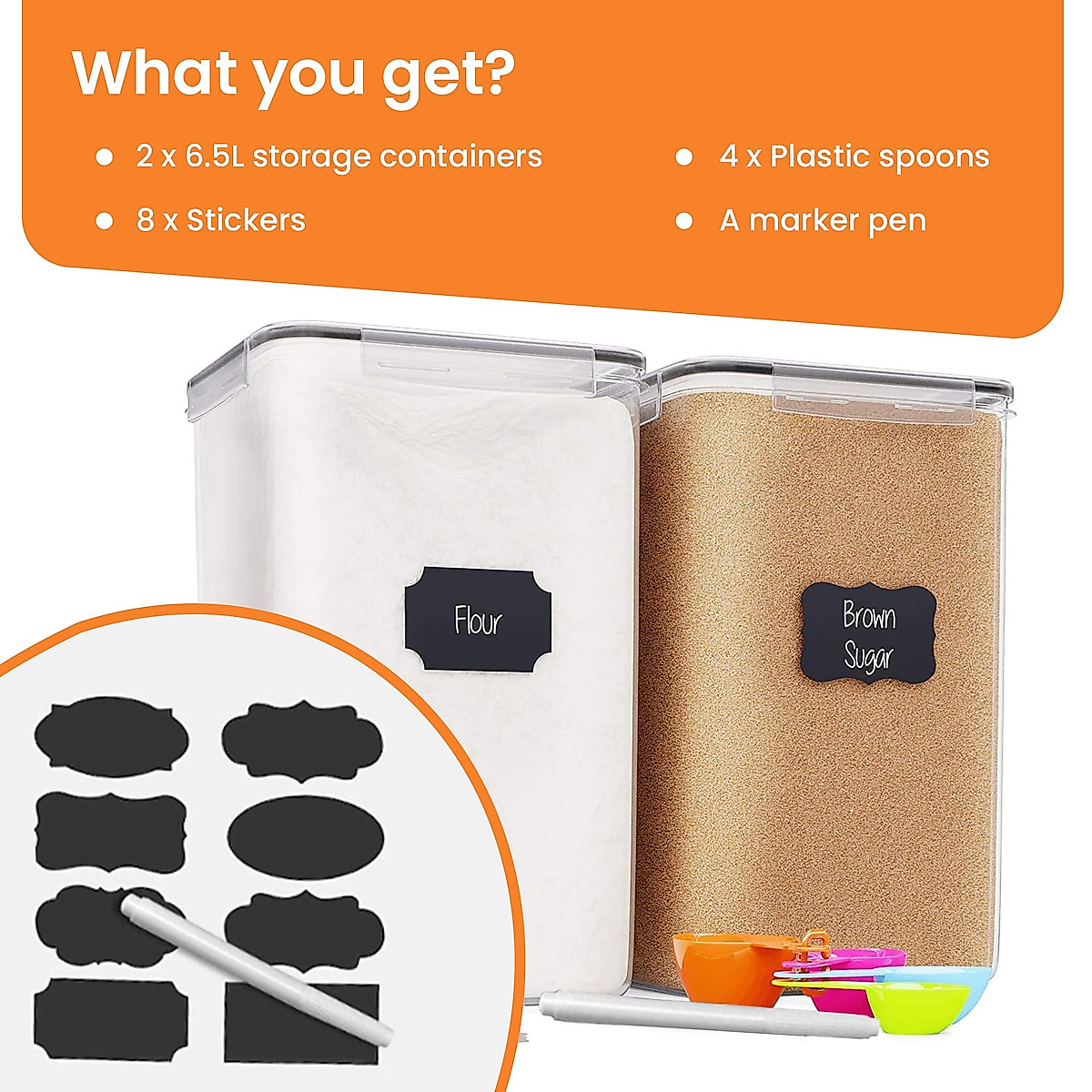 Food Storage Container Set (Pack of 2/6.5L) - Kitchen & Pantry Storage Canisters for Flour, Sugar, Baking Supplies, Cereal & Rice - Made of BPA Free Plastic - Comes with Spoons, Stickers & Marker