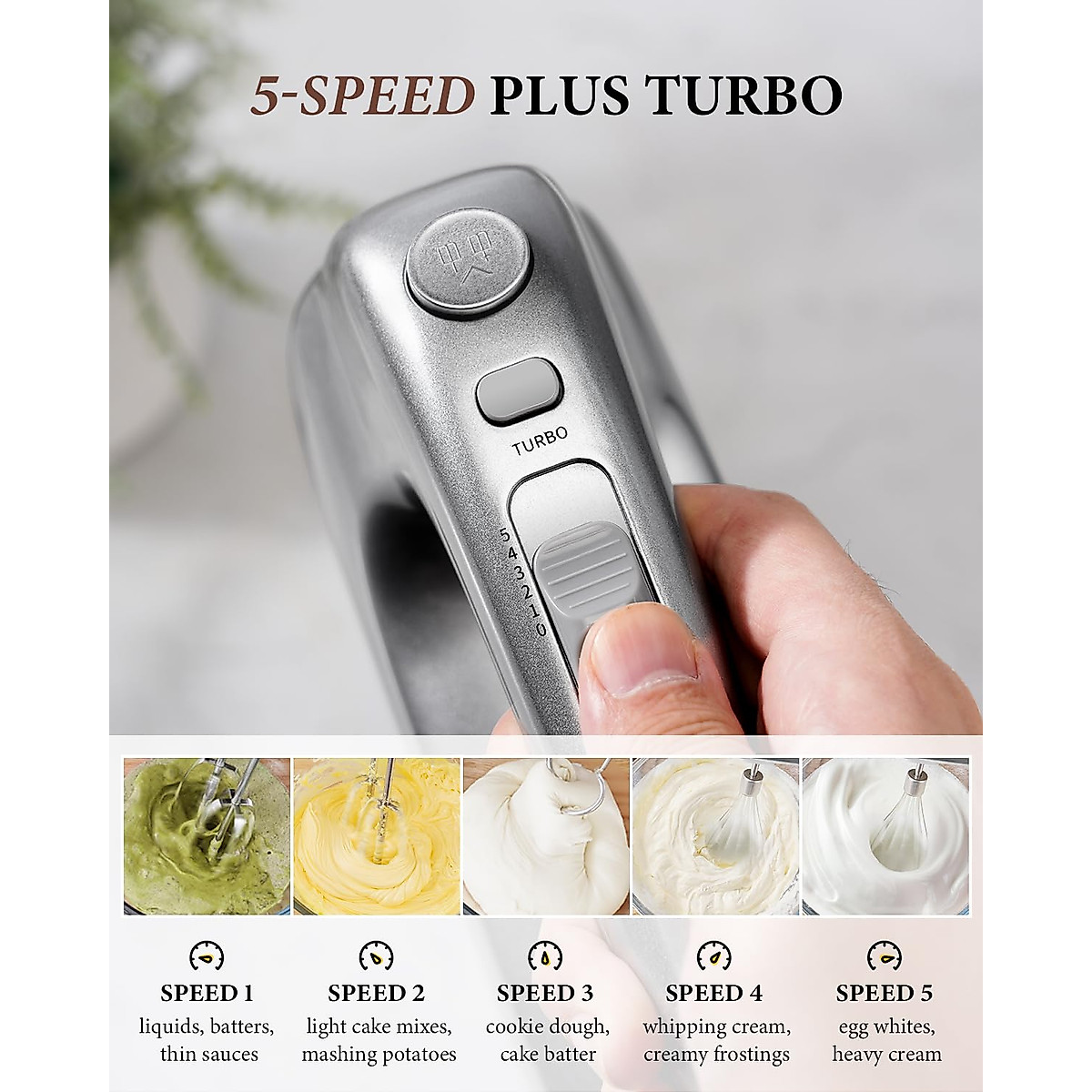 SHARDOR Hand Mixer, 450W Handheld Mixer with Storage Case 5-Speed Plus Turbo Hand Mixer Electric With 5 Stainless Steel Attachments(2 Beaters, 2 Dough Hooks and 1 Whisk), Silver