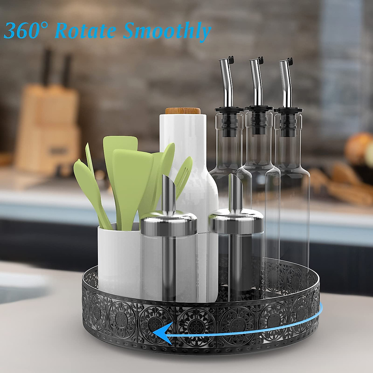 ITWIST Lazy Susan Organizer(2Pack), 11+12In Lazy Susan Turntable for Cabinet, Turntable Organizer with Non-Slip Pad,Spice Rack Organizer for Kitchen, Fridge,Bathroom, Pantry,Vanity (Flower-Black)