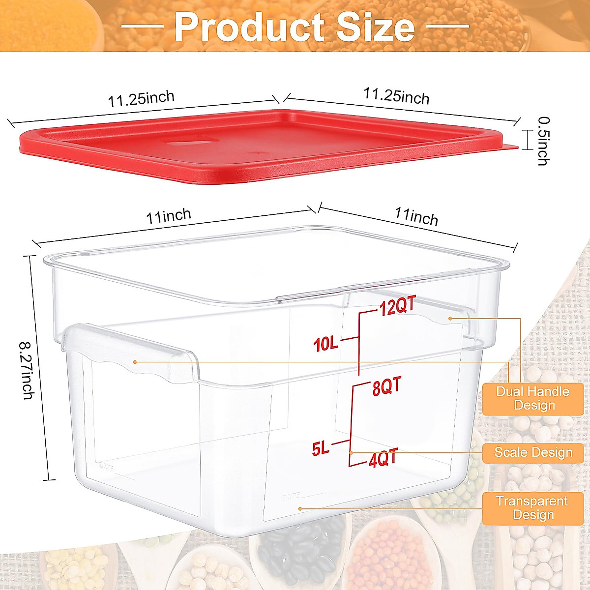 Ziliny 8 Pack Polycarbonate Square with Red Lids 12 Qt Food Storage Containers Commercial Airtight Clear Bucket Brining Food Container