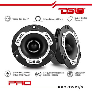 DS18 PRO-TWX1 Super Tweeter in Silver - 1", Aluminum Frame and Diaphragm, 240W Max, 4 Ohms, Built in Crossover - PRO Tweeters are The Best in The Pro Audio and Voceteo Market (Pair) - Silver (Renewed)