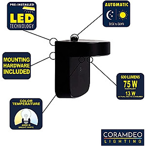 CORAMDEO 2 Pack LED Dusk to Dawn Modern Round Porch Light, Wall Sconce for Porch, Patio and More, Built in LED Gives 75W of Light, 600 LM, 4K Bright White, Wet Location, Black