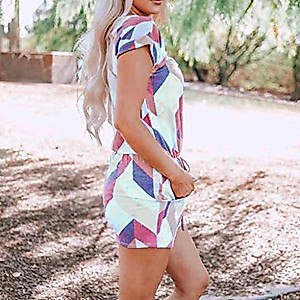 Women's Summer Short Sleeve Romper Mitiy Geometry Printing Casual Rompers with Pockets Loose Jumpsuits