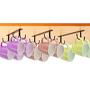 RealPlus 4pcs Under Cabinet Mug Rack, Rustic Mug Organizer Rack Cup Holder Under Shelf 16 Mugs Hooks, Display Hanging Cups Drying Hook for Bar Kitchen Utensils (Bronze)