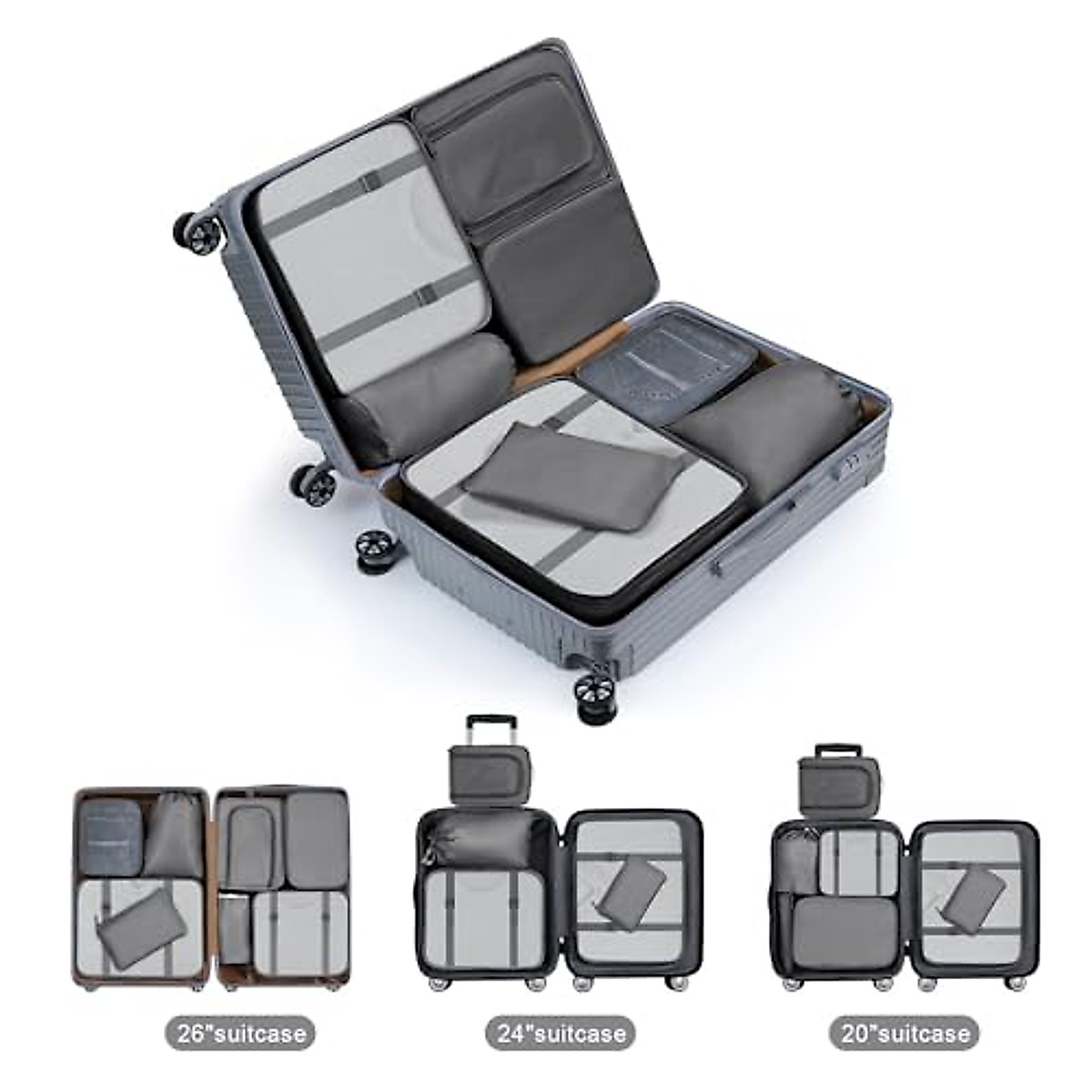 DIMJ Packing Cubes for Suitcase, Mesh Design Suitcase Packing Cubes Set Durable Travel Luggage Organizer, Lightweight Luggage Bags Organizers with Makeup Bag, Shoes Bag.（Grey）