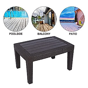 Varbucamp Rattan Outdoor Coffee Tables for Patio, Sturdy Rectangular Faux Wicker Patio Table, Easy to Assemble with Plastic Legs, Brown