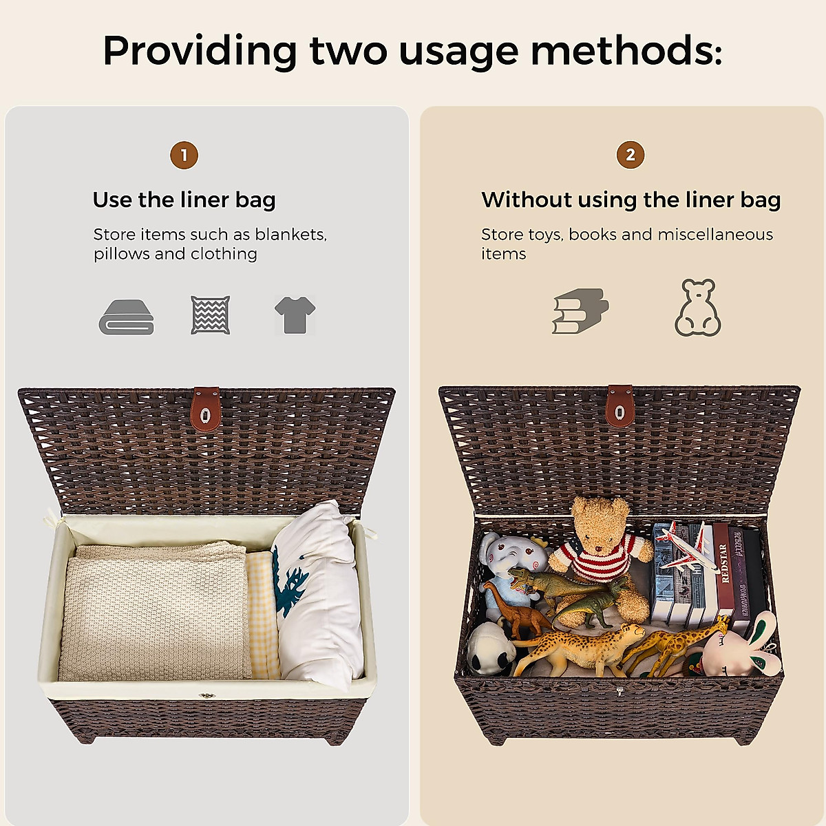 Honjourai Wicker Storage Basket with Lid,Rattan Shelf Basket with Removable Liner Bag,160L Storage Bin,Storage Trunk with Heightened Feet,Storage Container for Wardrobe,Home Organizer