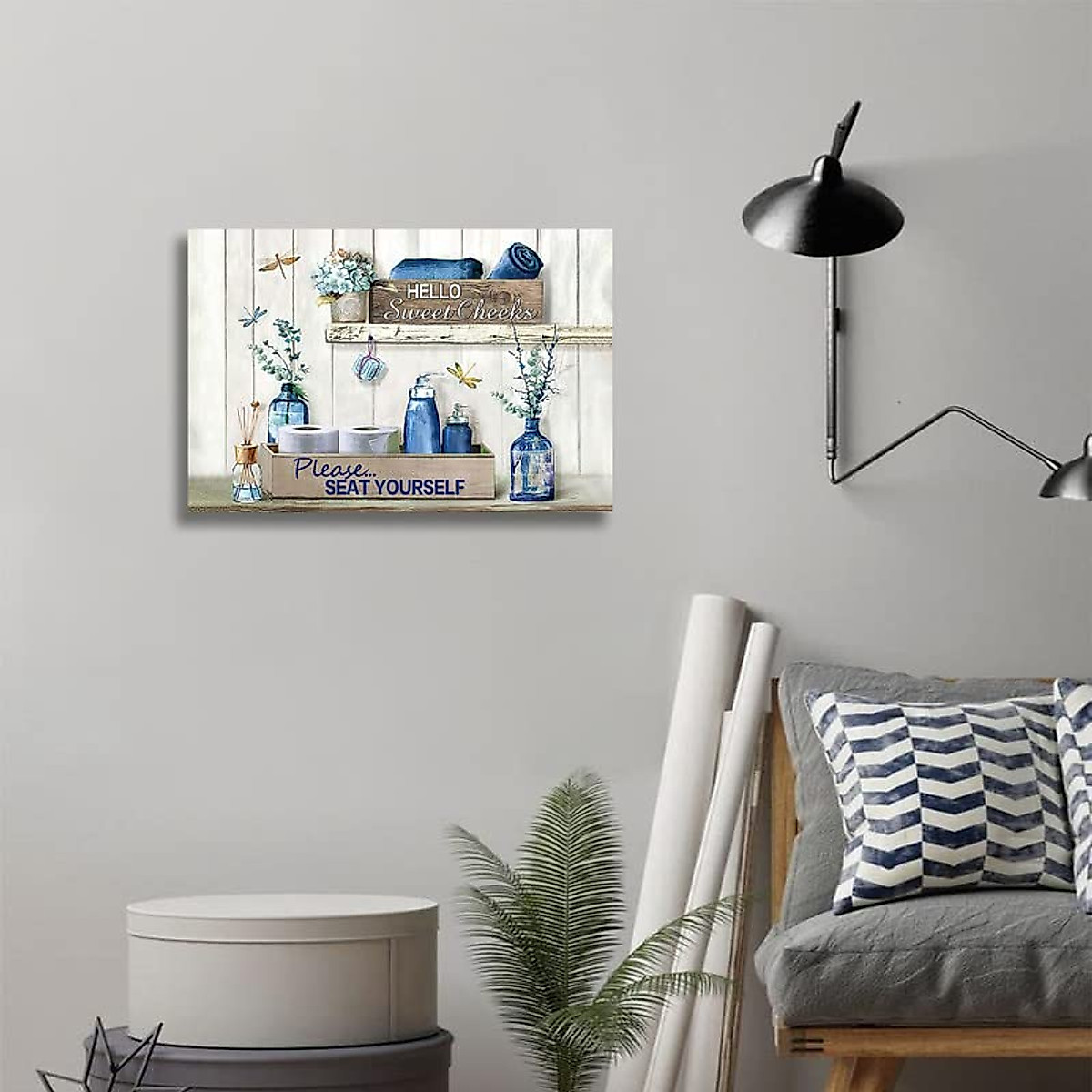 Farmhouse Bathroom Decor Wall Art Hello Sweet Cheeks Artwork Print Rustic Bathroom Sign Print Paintings Blue Dragonfly Bathroom Pictures Teal Vase Wall Art Poster for Home Decor 24x16 Inch Unframed