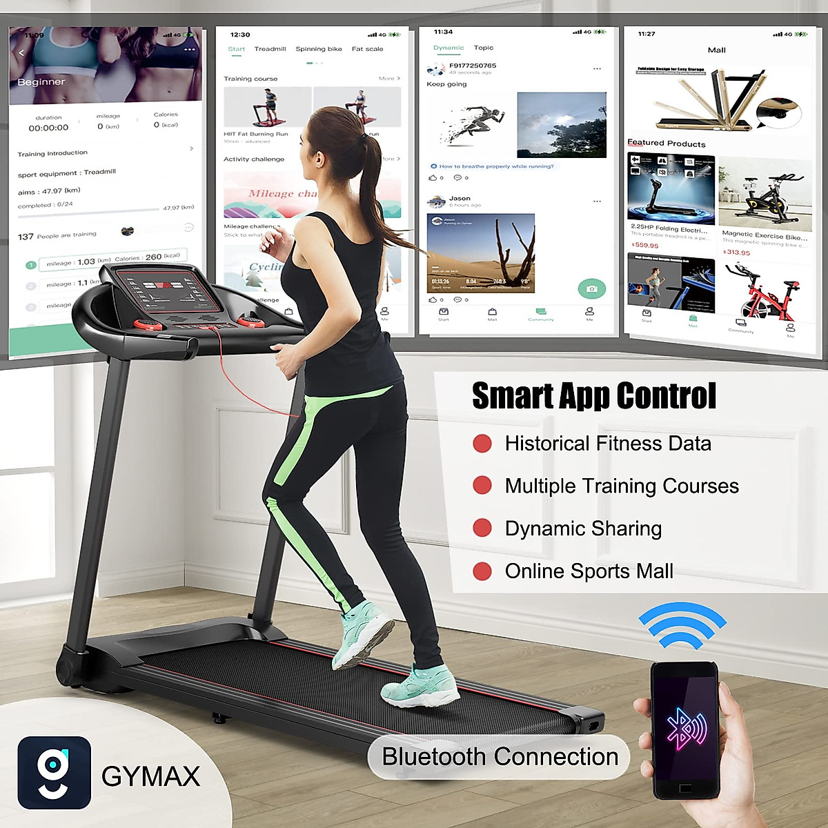 GYMAX Foldable Treadmill, 2.25HP Folding Treadmill with LED Monitor, 12 Preset Programs, APP Control, Blue Tooth Speaker & Pulse Sensor, Portable Compact Small Treadmill for Apartment/Home/Gym (Red)