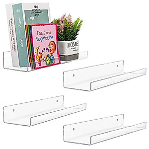 YestBuy 4 Pack Acrylic Floating Wall Shelves 15",Invisible Kids Bookshelf, Pop Display,Wall Mounted Shelves Storage Organizer for Bedroom,Bathroom,Living Room,Kids Room