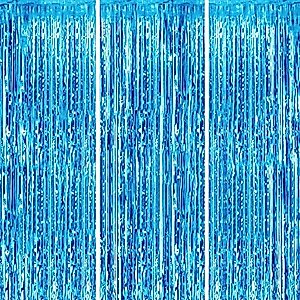 3 Packs 3.2ft x 6.6ft Light Blue Metallic Tinsel Foil Fringe Curtains Photo Booth Props for Birthday Wedding Engagement Bridal Shower Baby Shower Bachelorette Holiday Celebration Party Decorations