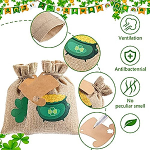 St. Patrick's Day Burlap Gift Drawstring Bags with Shamrock, Top Hat, Gold Pot, Beer Decor Burlap Candy Bags Linen Treat Bags Coin Bags with Cards for St. Patrick's Day Party Supplies (100)