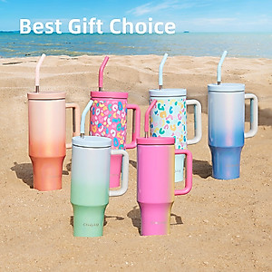 40 oz Tumbler with Handle and Straw Lid, Reusable Leak-Proof Insulated Tumblers, Stainless Steel Coffee Tumbler Cups, Travel Mug for Home Office, Keep Cold 34Hrs, Cup Holder Friendly(Pink Panther)