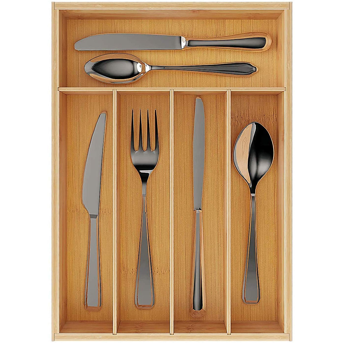 LONTAI+Wisuce Bamboo Silverware Utensil Drawer Organizer, Flatware Cutlery Drawer Organizer Silverware Tray for Kitchen Spoons Forks Knives (Natural-1)