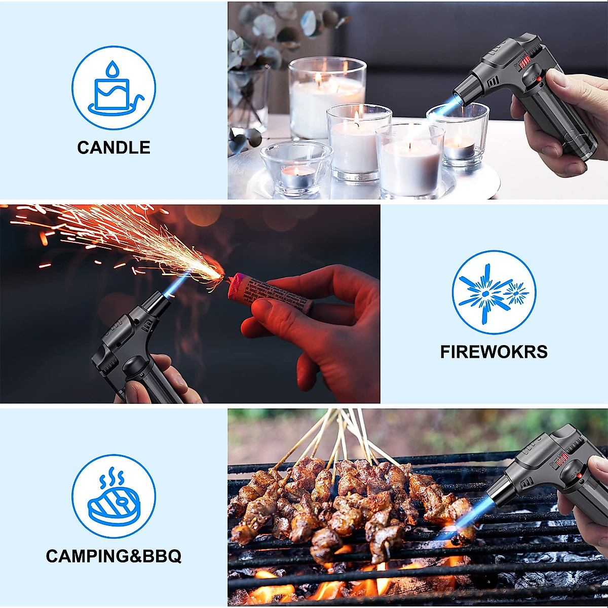 Torch Lighters, 4 Pack, Butane Refillable Jet Flame Torch Lighter, Windproof, Safe, Multi Utility Lighter for Candles, Fireplaces, Campfires, Grill (without Butane)